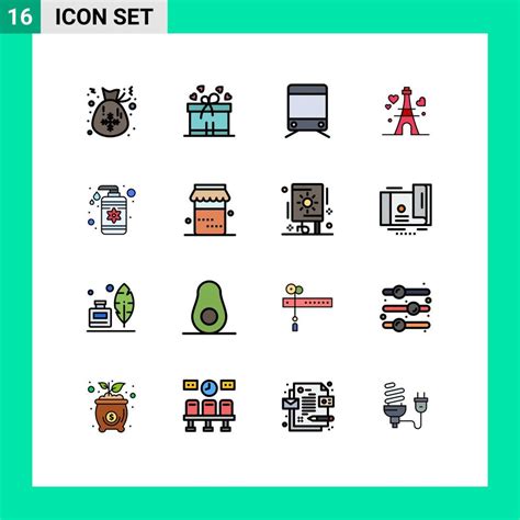 Mobile Interface Flat Color Filled Line Set Of 16 Pictograms Of Care Lotion Train Drop Heart