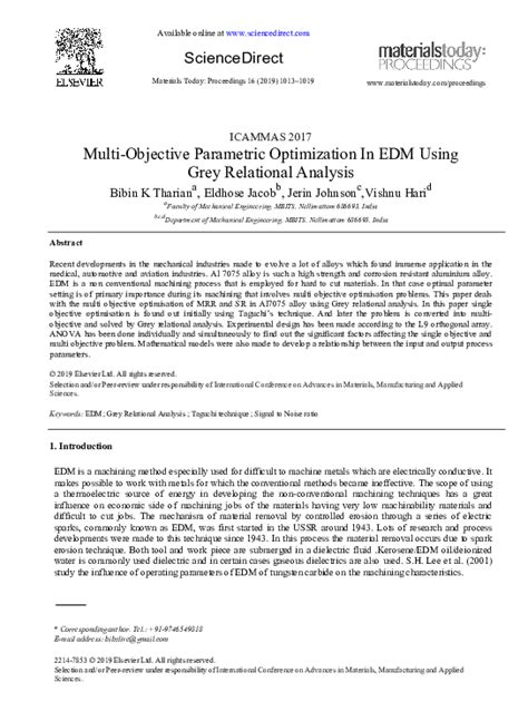 Pdf Multi Objective Parametric Optimization In Edm Using Grey Relational Analysis
