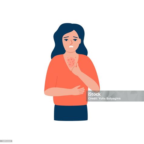 여자는 몸에 긁힘 발진 알레르기 피부에 여드름 가려운 피부 증상 여드름 질환으로 고통받는 소녀 벡터 일러스트레이션 건선에 대한 스톡 벡터 아트 및 기타 이미지 Istock