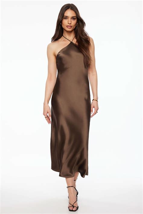 Halter Satin Maxi Dress Brown Dynamite
