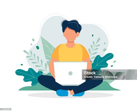 자연과 나뭇잎에 앉아 노트북을 가진 남자 작업 자유롭게 학업 교육 가정에서의 작업에 대 한 개념 그림 평면 만화 스타일에서 벡터 일러스트 레이 션 노트북에 대한 스톡 벡터