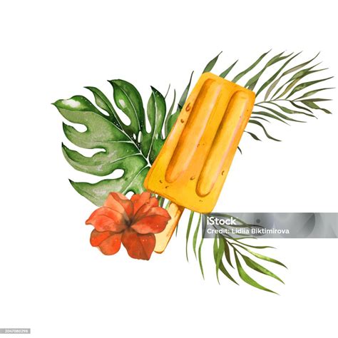 밝은 노란색을 띤 과일 얼음 몬스테라 잎 야자수 및 히비스커스 꽃의 열대 구성 수채화 그림 흰색 배경에 고립되어 있습니다 여름 액세서리 직물용 0명에 대한 스톡 벡터 아트