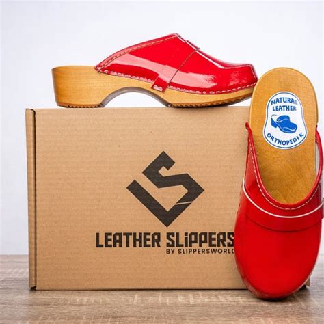 Swedish Red Leather Classic Clogs Handmade Wooden Low Heel Etsy