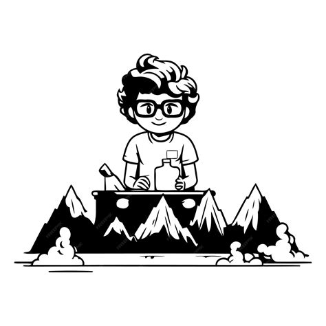 Premium Vector Vector Illustration Of A Young Man In Glasses On The Background Of The Volcano