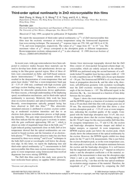 Pdf Third Order Optical Nonlinearity In Zno Microcrystallite Thin Films