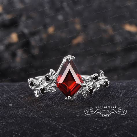 Vintage Kite Cut Red Garnet Engagement Ring Solid 14k White Gold