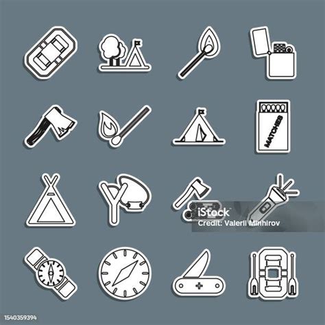 세트 라인 래프팅 보트 손전등 성냥갑 및 성냥 열기 불로 굽기 오래된 나무 도끼 및 관광 텐트 깃발 아이콘 벡터 강에 대한 스톡