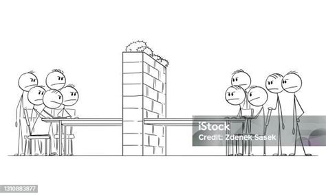 협상 장벽 테이블에 앉아 정치인 또는 사업가의 두 그룹 벡터 만화 스틱 그림 일러스트 가공의 인물에 대한 스톡 벡터 아트 및 기타 이미지 가공의 인물 가지 식물 부위
