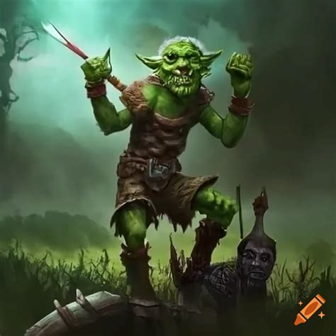 Battle Scene With Men Trolls Goblins And Magic In A Fantasy Field On