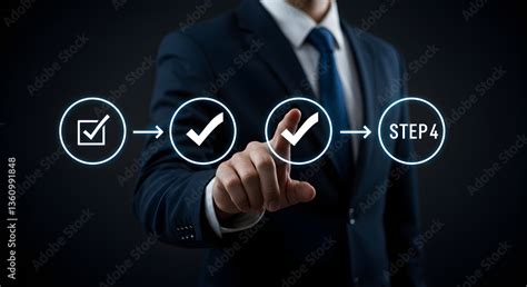 Businessman Touching A Glowing Checkmark In A Futuristic Step By Step Workflow Interface