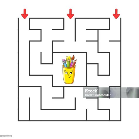 정사각형 미로 아이들을위한 게임 아이들을위한 퍼즐 만화 캐릭터 미로 수수께끼 색상 벡터 그림입니다 올바른 경로를 찾습니다 논리적 공간적 사고의 발전 0명에 대한 스톡 벡터