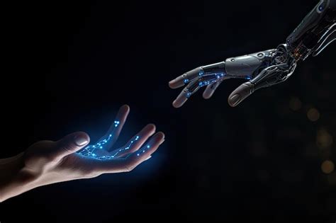 Premium Photo Robot Hand Touching Human Hand On Dark Background 3d