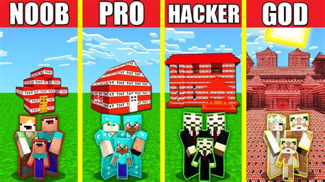 Minecraft Battle Tnt House Build Challenge Noob Vs Pro Vs Hacker Vs God Animation Explosion