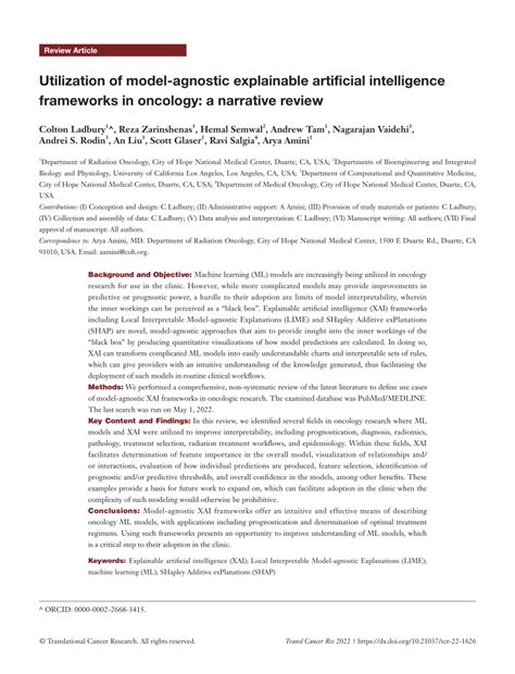 Pdf Utilization Of Model Agnostic Explainable Artificial Intelligence Frameworks In Oncology