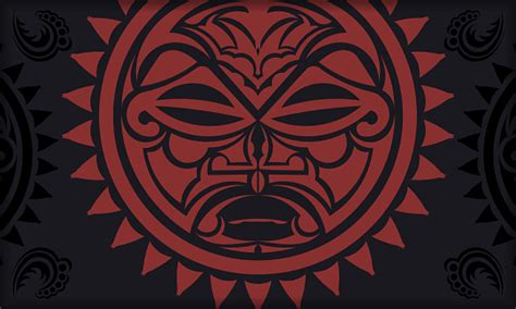 신들의 가면이 있는 블랙 컬러 엽서 디자인 폴리시니아 스타일의 텍스트와 얼굴을 위한 장소와 벡터 초대 카드 0명에 대한 스톡