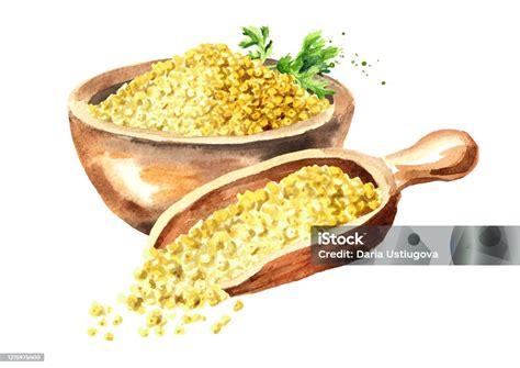그릇과 나무 국자에 건조 기장 곡물 기장 흰색 배경에 고립 된 손으로 그린 수채화 그림 건강한 식생활에 대한 스톡 벡터 아트 및 기타 이미지 건강한 식생활 건조한