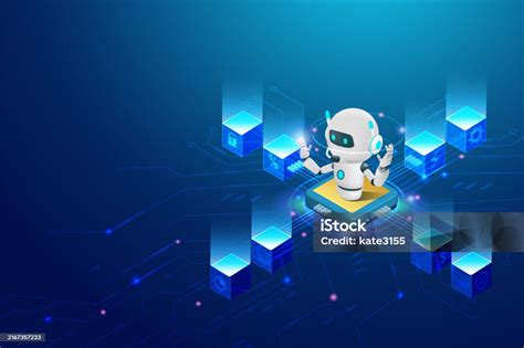 블록체인 네트워크로 회로 기판에서 비즈니스 데이터를 분석하는 Ai 채팅 로봇 인공 지능 기술 혁명 및 개발 기계 학습 연구에서 로봇의 구현 3차원 형태에 대한 스톡 벡터