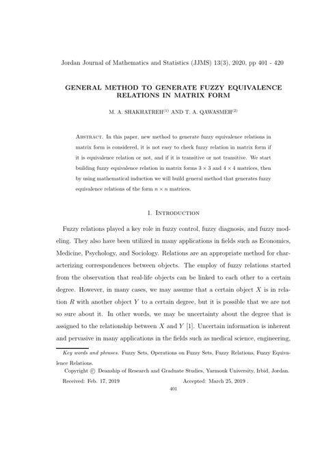 Pdf General Method To Generate Fuzzy Equivalence Relations In Matrix Form