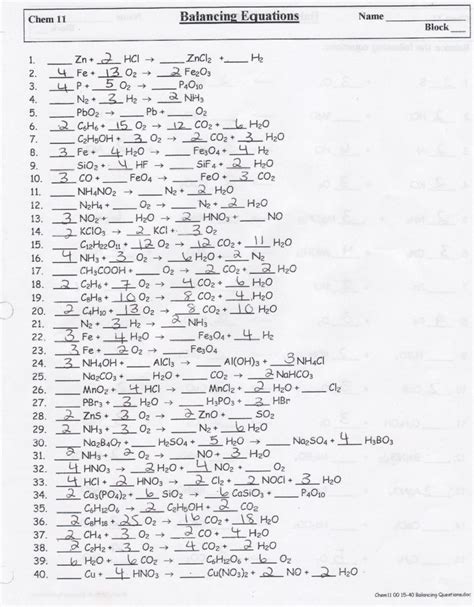 Balancing Chemical Equations Worksheets 2 Answer Key