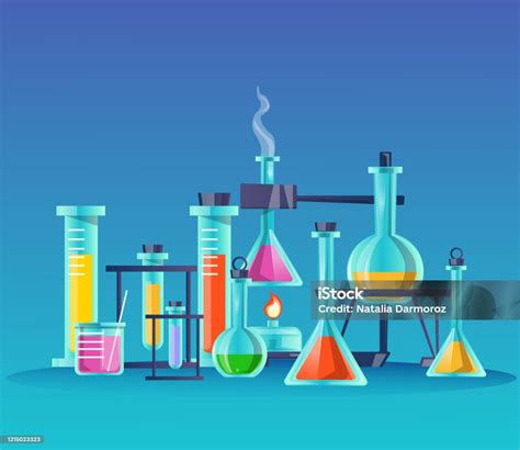 유리 플라스크 평면 벡터 그림입니다 과학 실험실 항목 화학 실험실 장비 실험 속성 파란색 배경에 고립 된 만화 스타일의 색상 액체용기 비커에 대한 스톡 벡터 아트 및 기타