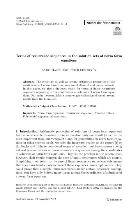 Pdf Terms Of Recurrence Sequences In The Solution Sets Of Norm Form Equations