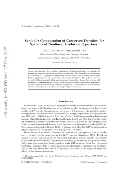 Pdf Symbolic Computation Of Conserved Densities For Systems Of