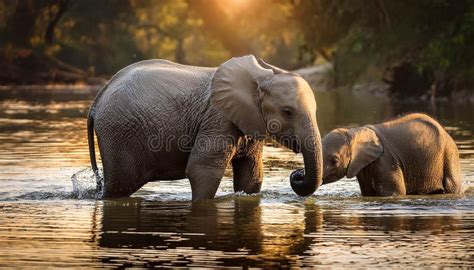 two elephants are playing in a river stock image image of water
