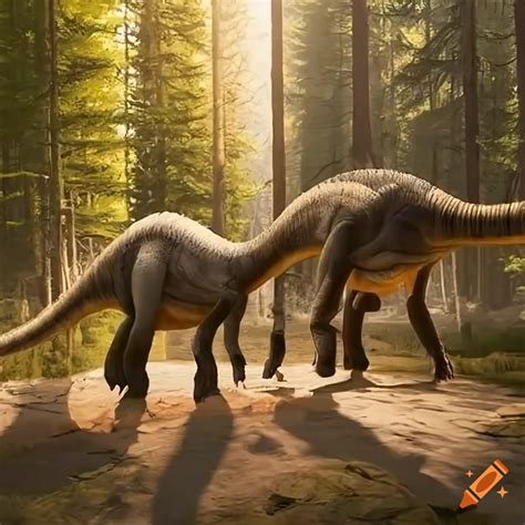 Two Scientifically Accurate Hadrosaurus Dinosaurs Walking In A British
