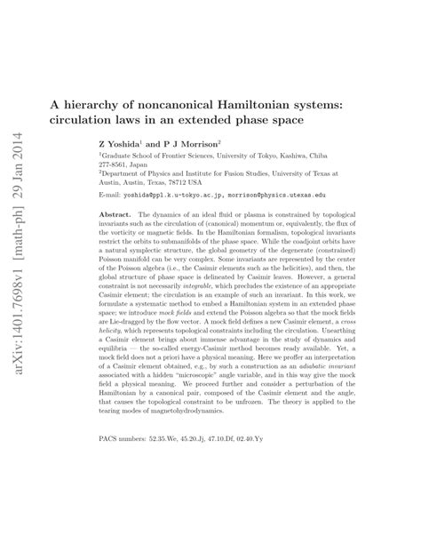 Pdf A Hierarchy Of Noncanonical Hamiltonian Systems Circulation Laws In An Extended Phase Space