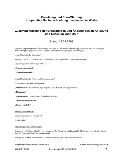 Zusammenstellung Der Ergänzungen Und Änderungen