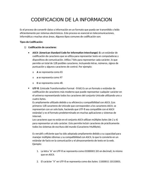 Codificacion De La Informacion Pdf Ascii Poco