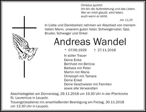 Traueranzeigen Von Andreas Wandel Schwaebische De Trauerportal