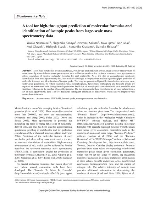 Pdf A Tool For High Throughput Prediction Of Molecular Formulas And Identification Of Isotopic