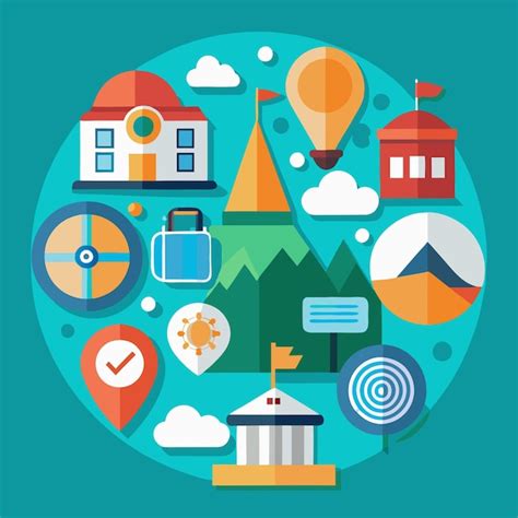 A Colorful Illustration Of Travel And Adventure With Landmarks A Compass A Tent And A Map