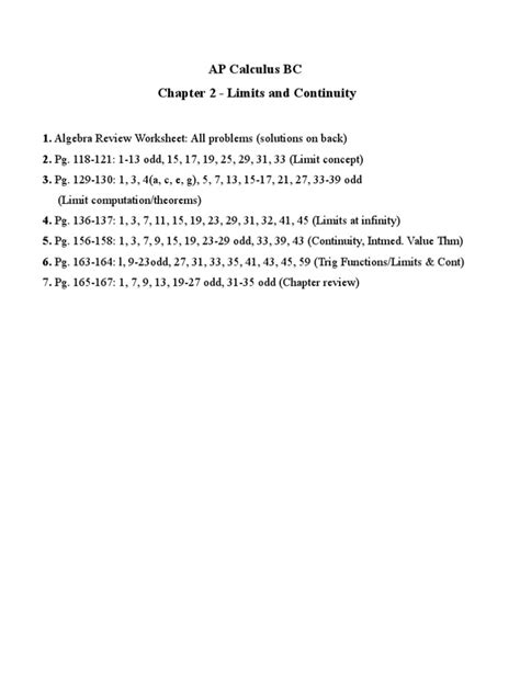 Ap Calculus Bc Chapter 2 Limits And Continuity Limit Computationtheorems Pdf