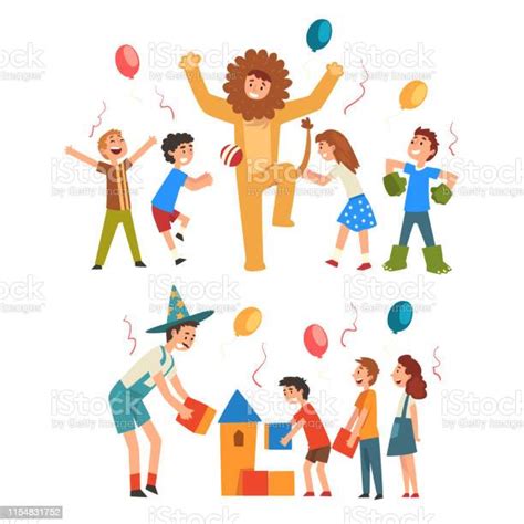 행복 한 남자와 여자는 생일에 애니메이터와 재미 재미 있는 축제 의상에서 연예인 수행 하 고 노는 아이 들 벡터 일러스트 레이 션 공연자에 대한 스톡 벡터 아트 및 기타