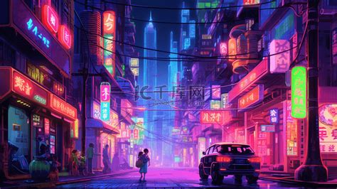 像素赛博朋克风城市街道场景插画图片 千库网