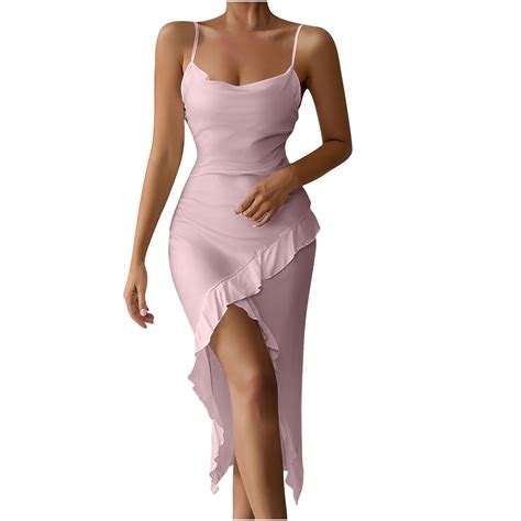 Oplxuo Womens Sexy Cowl Neck Satin Slit Bodycon Dresses Elegant Ruffle