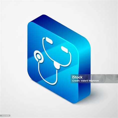 회색 배경에 격리 된 등각 칭진 청진기 의료 기기 아이콘 파란색 사각형 버튼입니다 벡터 일러스트레이션 3차원 형태에 대한 스톡 벡터 아트 및 기타 이미지 Istock