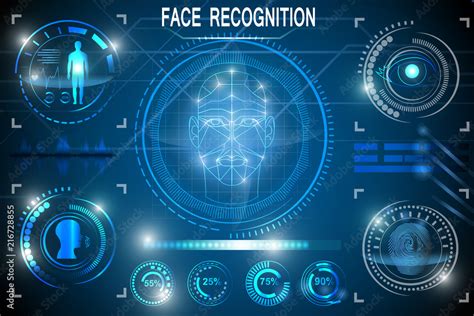 Biometric Identification Or Recognition System Of Person Face Id Set Hud Elements Stock Vector