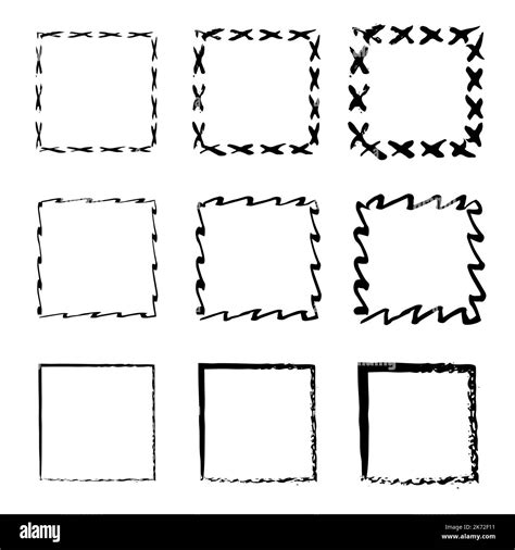Collection Of Square Black Hand Drawn Grunge Frames Borders Set Rectangular Shapes Stock