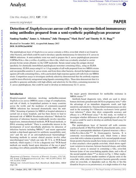 Pdf Detection Of Staphylococcus Aureus Cell Walls By Enzyme Linked