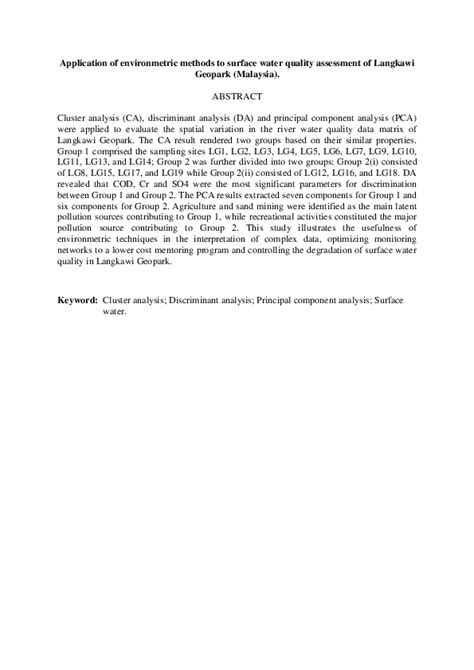 Pdf Application Of Environmetric Methods To Surface Water Quality