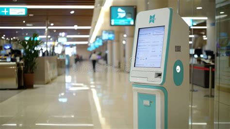 Female Customer Uses Touchscreen Terminal Or Self Service Kiosk In Hospital Automated Machine