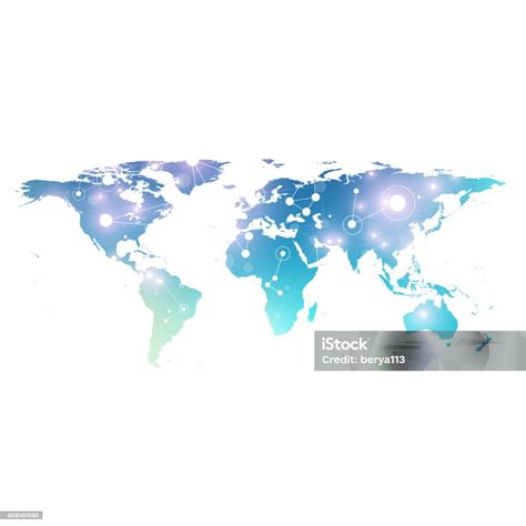 글로벌 테크놀로지 네트워킹 컨셉의 세계 지도 디지털 데이터 시각화 라인 신경 총 빅 데이터 배경 통신 과학적인 벡터 일러스트