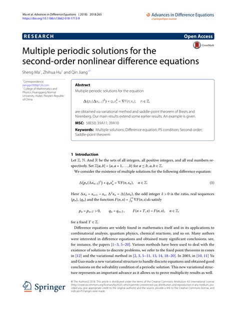 Pdf Multiple Periodic Solutions For The Second Order Nonlinear Difference Equations