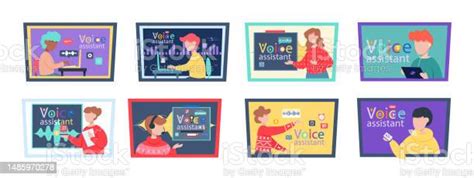 음성 도우미 스마트 스피커 가상 비서 사운드 로봇 음성 제어 스마트 스피커를 사용하는 사람들 가상현실에 대한 스톡 벡터 아트 및 기타 이미지 Istock