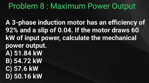 Induction Motor Maximum Power Output Calculation Efficiency And Slip Youtube