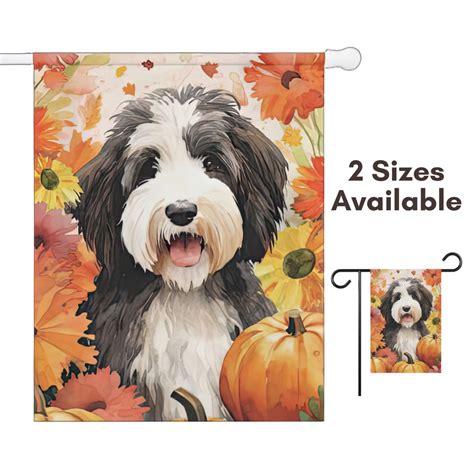 Sheepadoodle Fall Garden Flag Autumn Sheepadoodle House Flag Black Grey