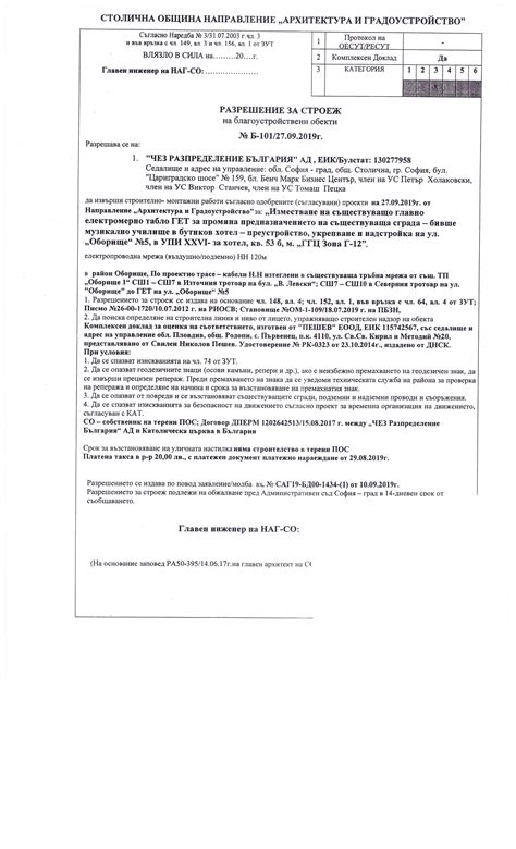 Разрешение за строеж № Б 101 27 09 2019 г СО Оборище